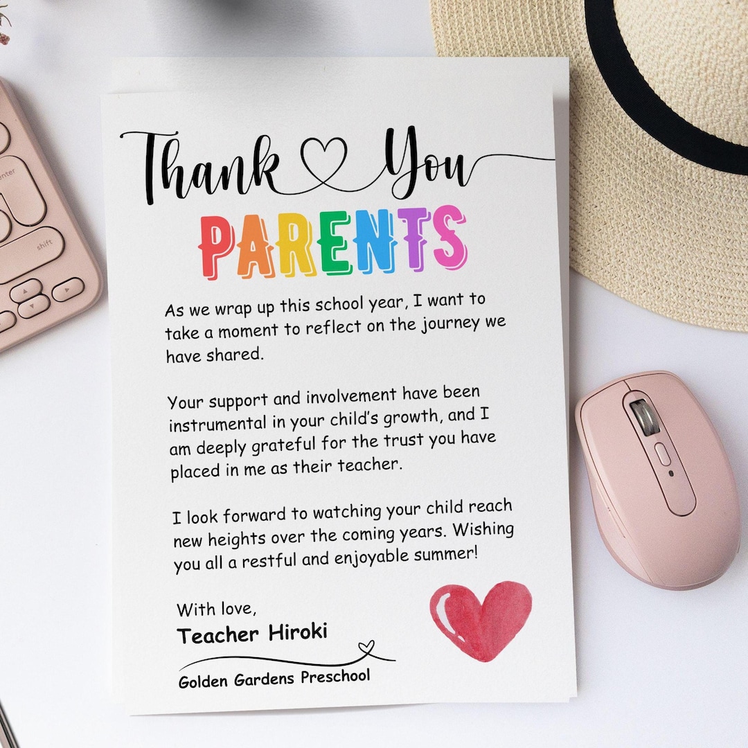Thank You Note to Parents From Teacher, Parent Thank You Letter From ...