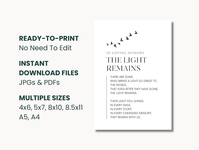The Light Remains Printable, Funeral Poem, Memorial Table Sign (digital ...