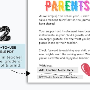 Teacher Thank You Letter to Parents, End of Year Gift (PDF and Canva ...