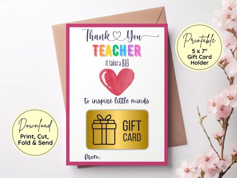 Printable Thank You Gift Card Holder Valentine's Day Card for Teacher ...