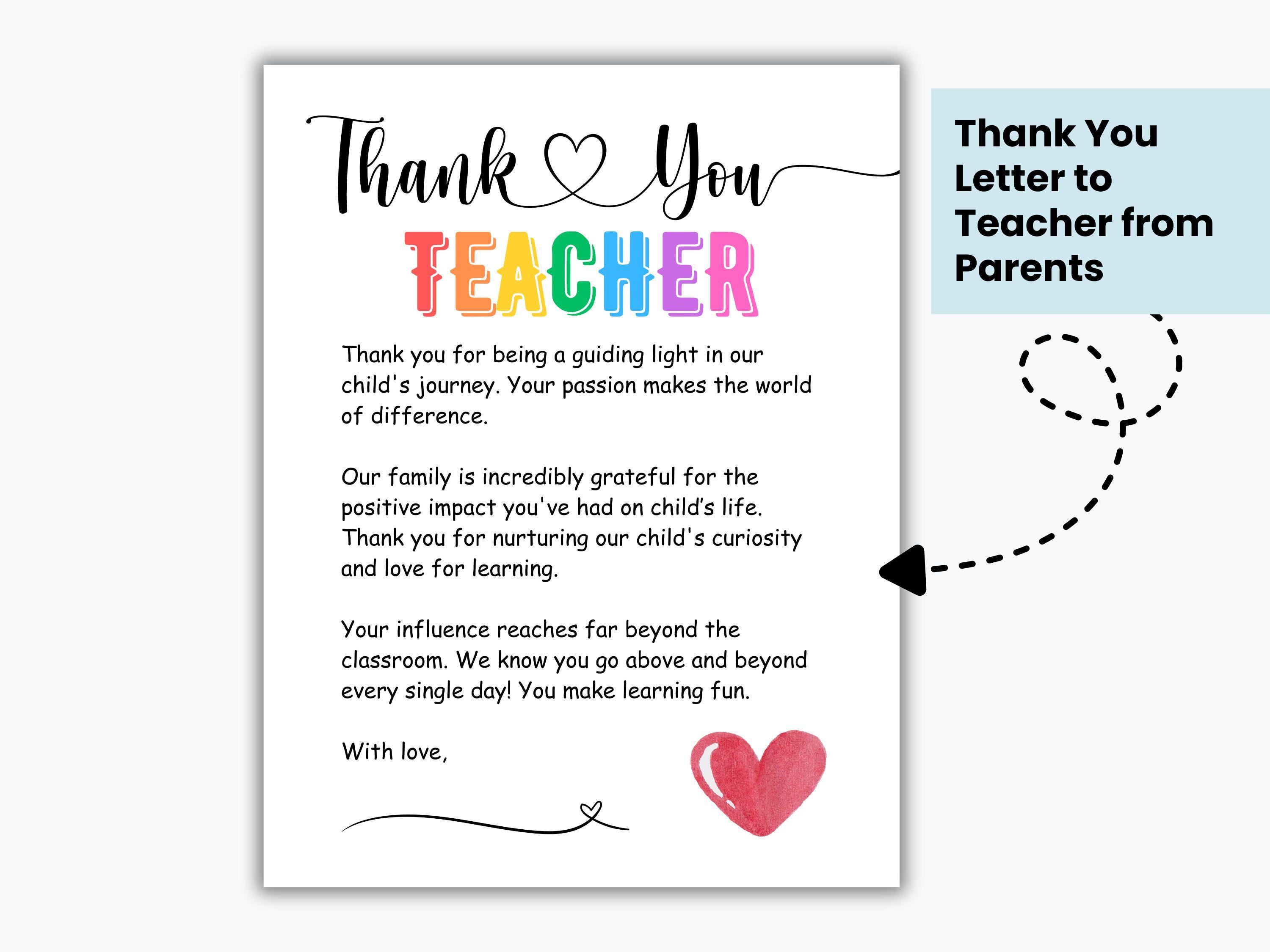 Teacher Thank You Letter From Parents, End of Year Gift (editable PDF ...