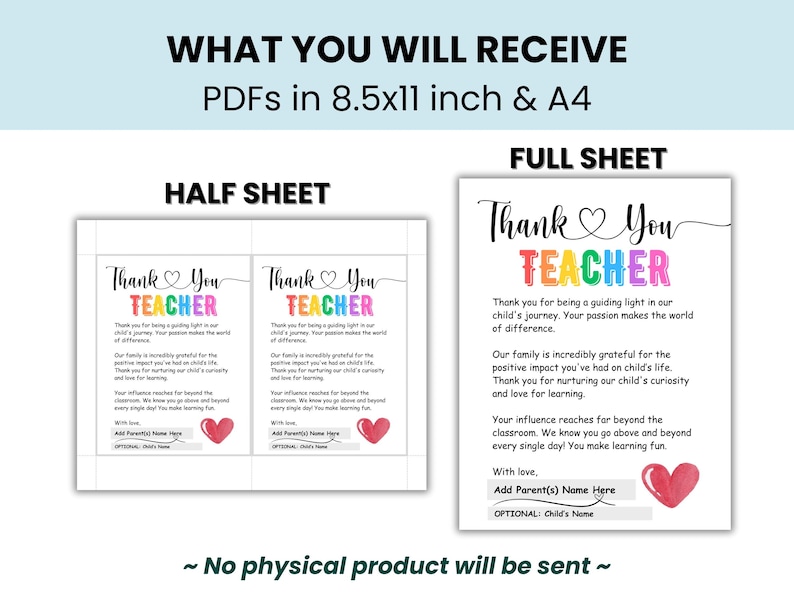 Teacher Thank You Letter From Parents, End of Year Gift (editable PDF ...