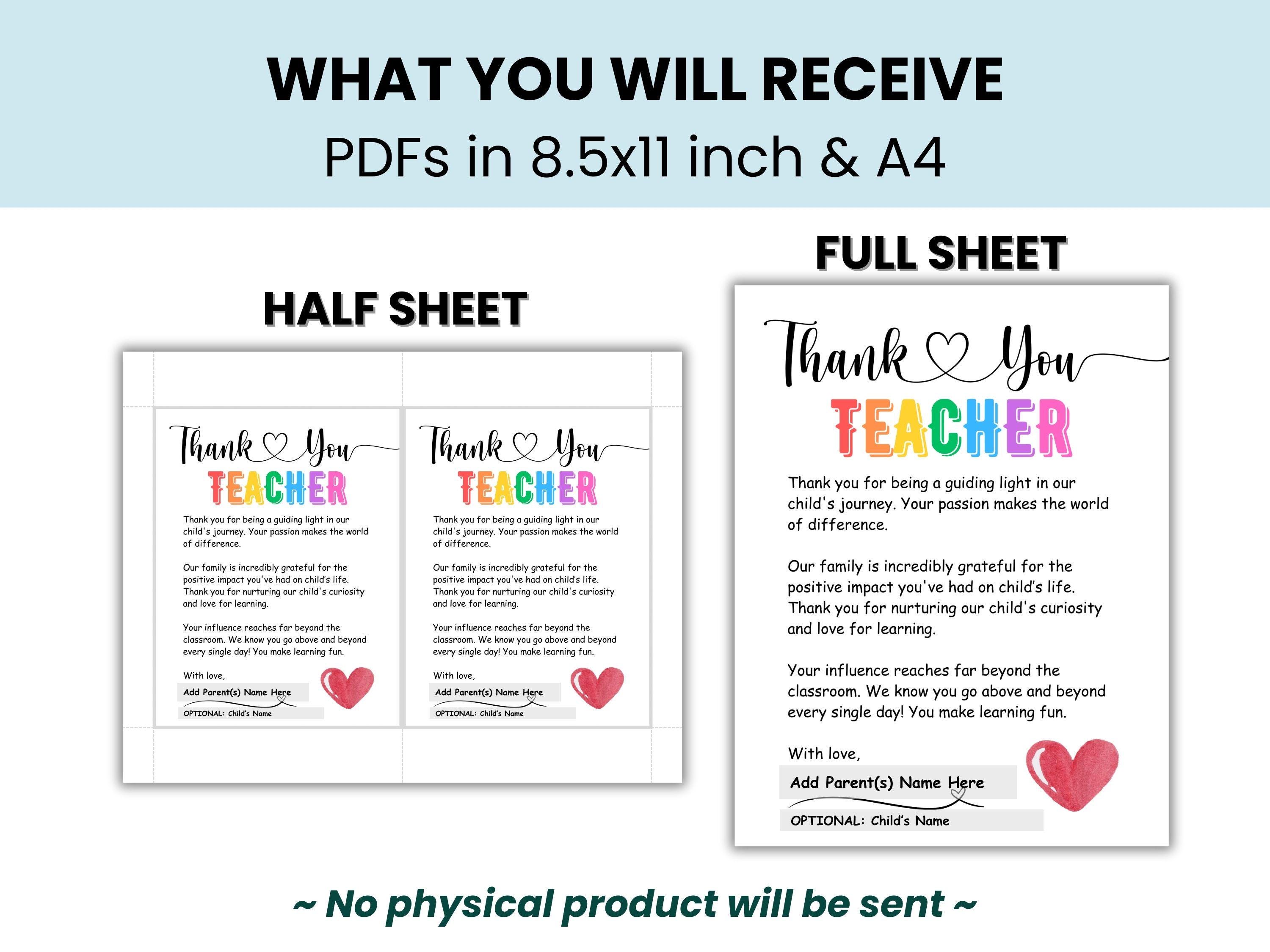 Teacher Thank You Letter From Parents, End of Year Gift (editable PDF ...