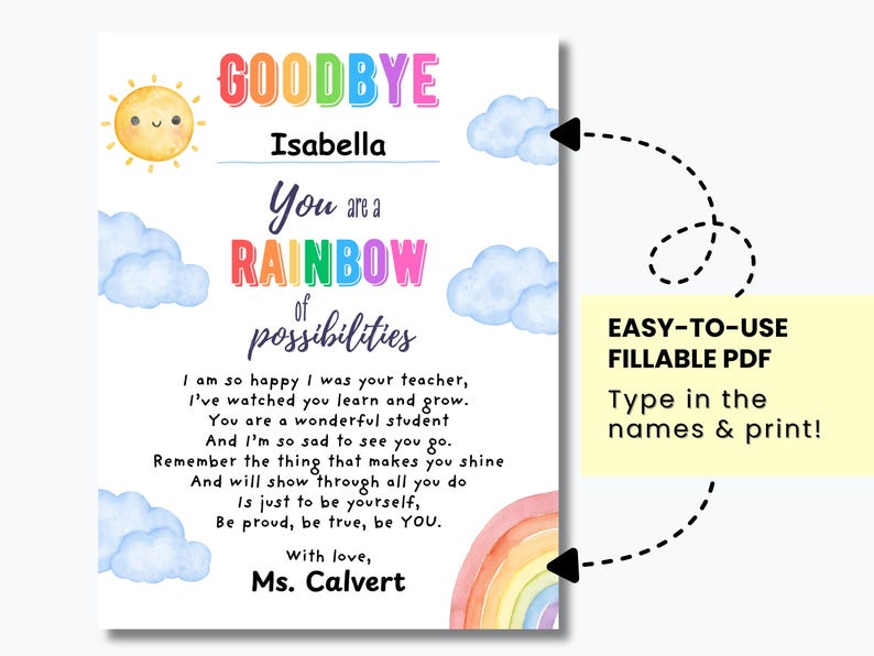 Teacher End of Year Poem, Student Goodbye Gift (editable PDF) - Etsy