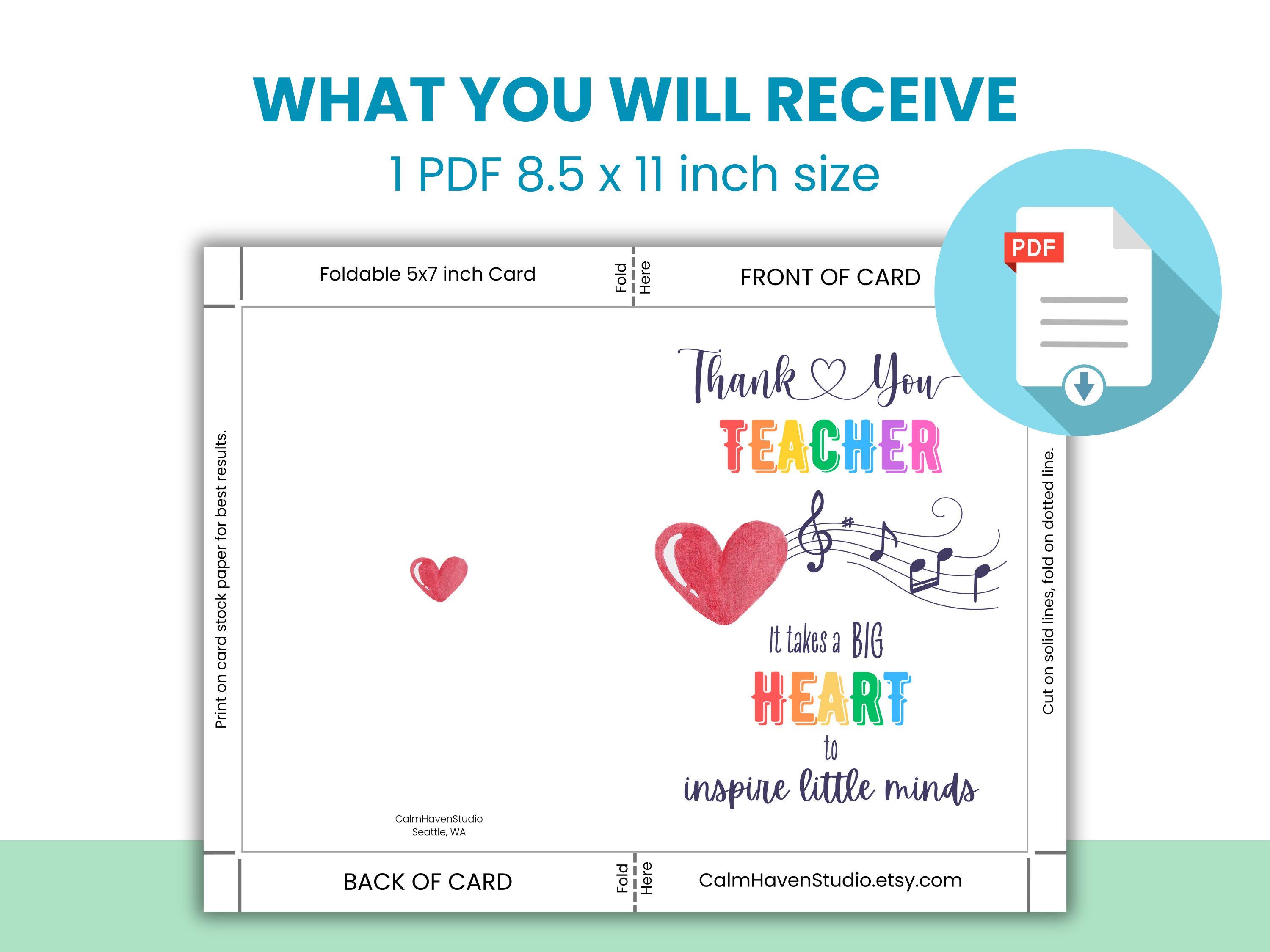 Printable Music Teacher Thank You Card, Music Note Thank You Card for ...