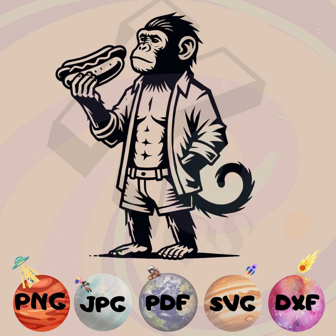 Monkey Eating A Hot Dog Svg& Png - Cool Monkey Svg - Funny Animal Art ...