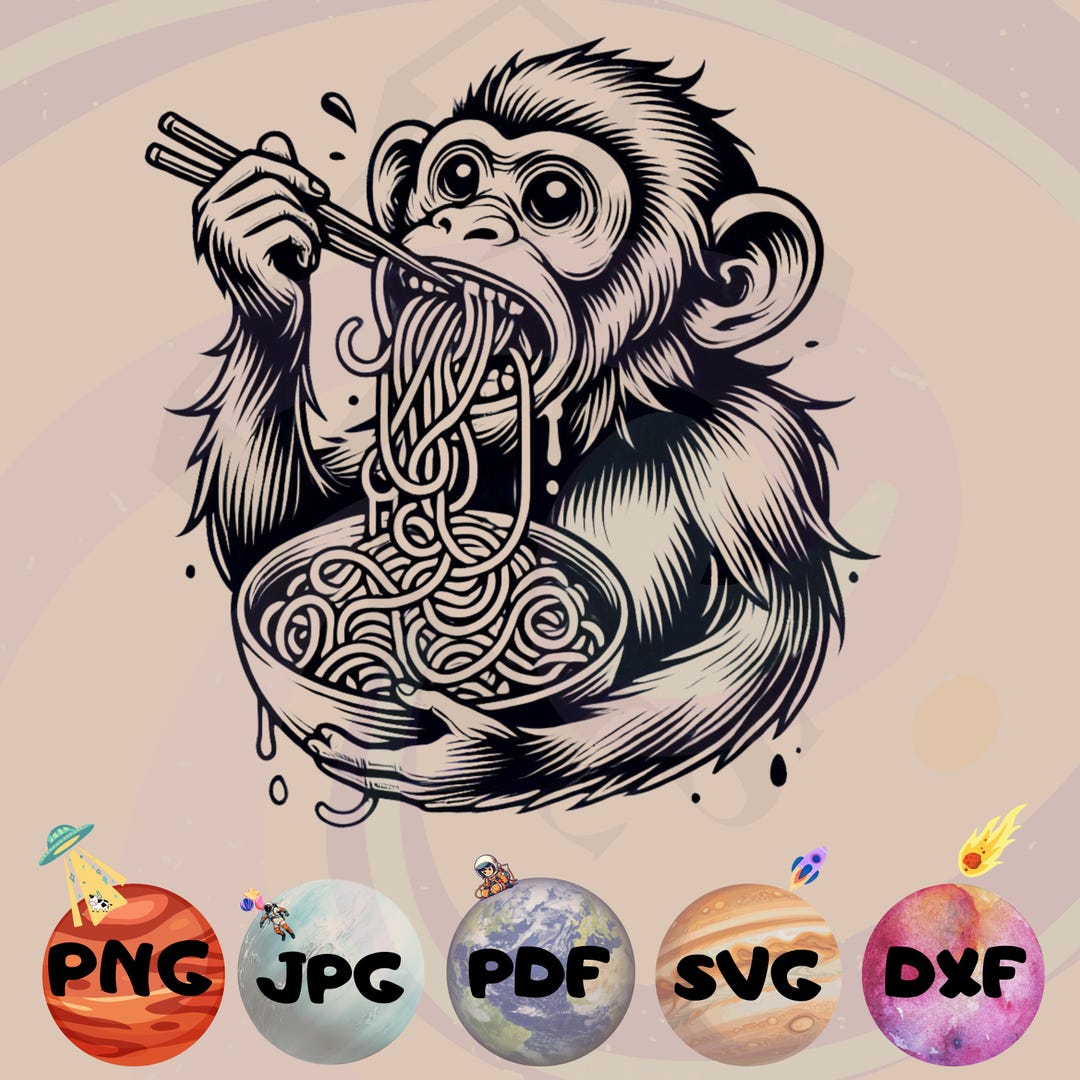 Monkey Eating Noodles Svg & Png Chopstick and Noddle Svg Monkey ...