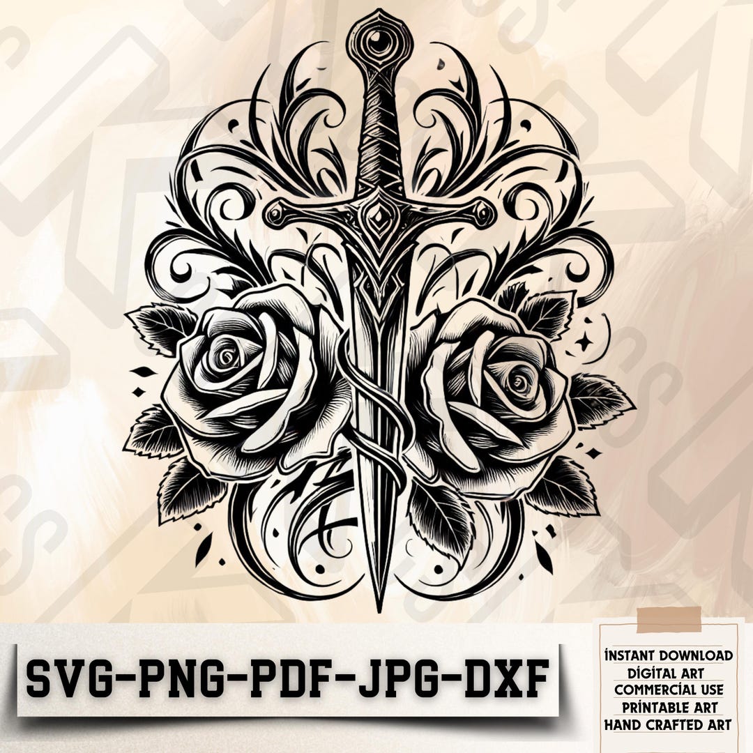 Rose and Sword SVG - Gothic Floral Clipart - Dagger and Roses PNG ...
