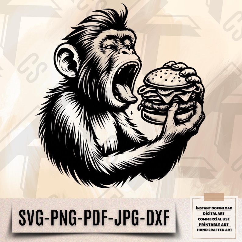 Hungry Chimp Svg - Funny Monkey Eating Burger - Forest Animal Png ...