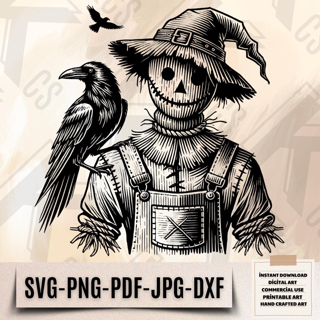 Creepy Scarecrow and Crow Svg - Farmhouse Halloween Art - Spooky ...