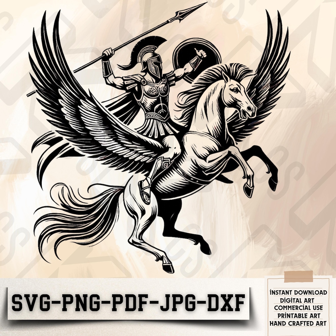 Pegasus and Warrior Svg - Knight on Winged Horse Png - Greek Mythology Clipart - Pegasus Clipart ...