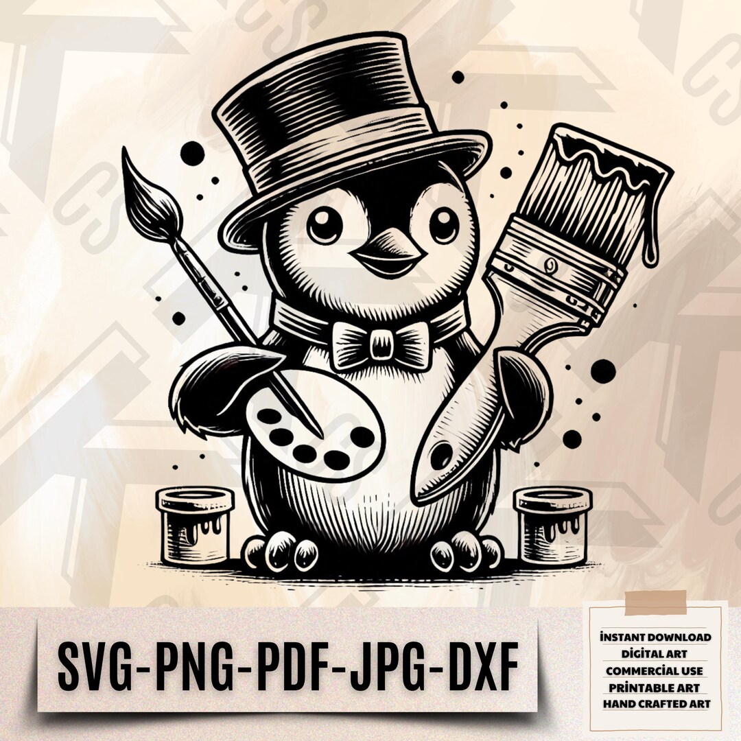 Charming Artist Penguin Svg - Adorable Painter Penguin Clipart ...