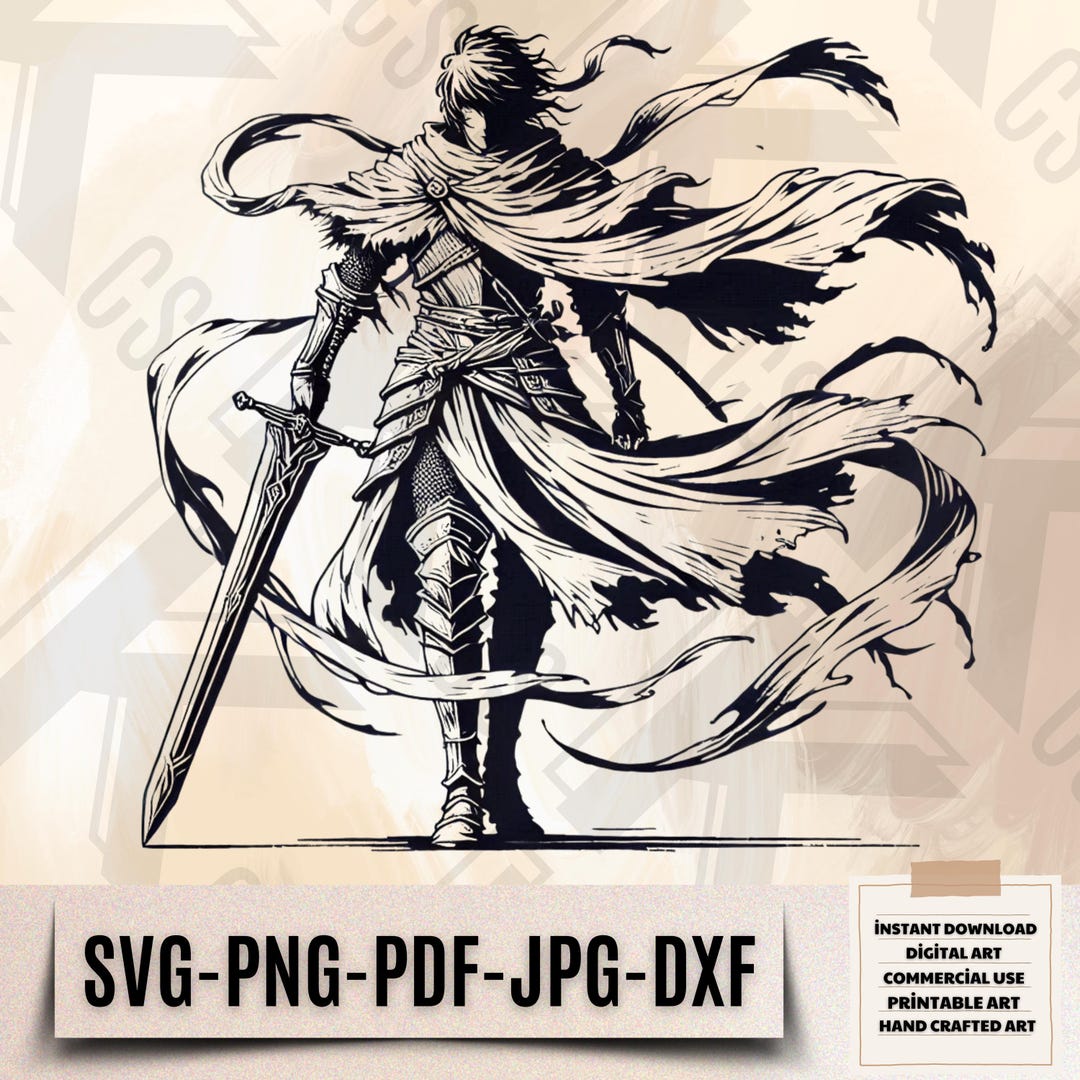 Epic Anime Knight SVG & PNG - Warrior With Sword Clipart - Armored Hero ...