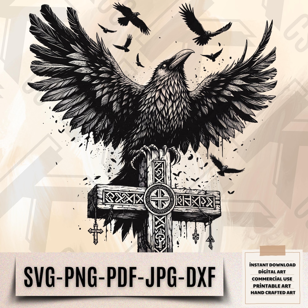 Raven and Cross SVG - Gothic Cross Clipart - Crow Stencil - Religious ...