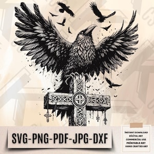 Raven and Cross SVG - Gothic Cross Clipart - Crow Stencil - Religious ...