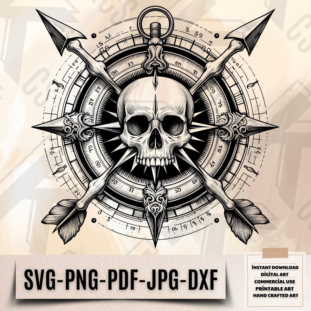 Skull Compass Svg - Pirate Compass Svg - Gothic Skull Digital Art ...