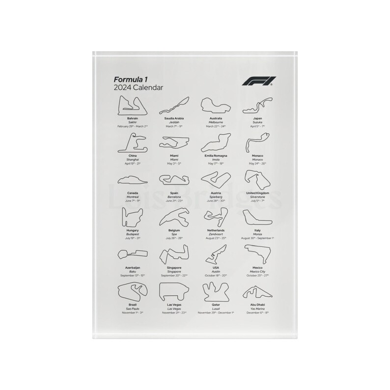 Formula 1 Race Calendar 2024, F1 Circuit Track Gift Formula 1 Fans ...