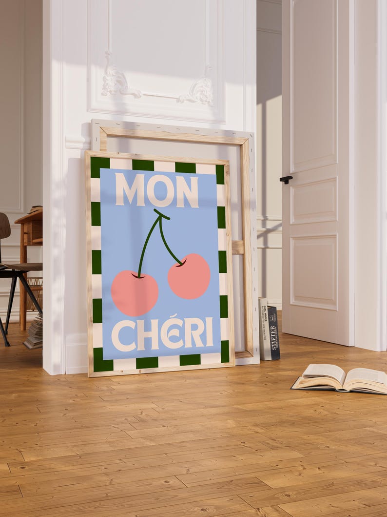 Mon Cheri Poster, Trendy Wall Art Poster, Kitchen Art Print, Retro Wall Decor, Cherry Poster ...