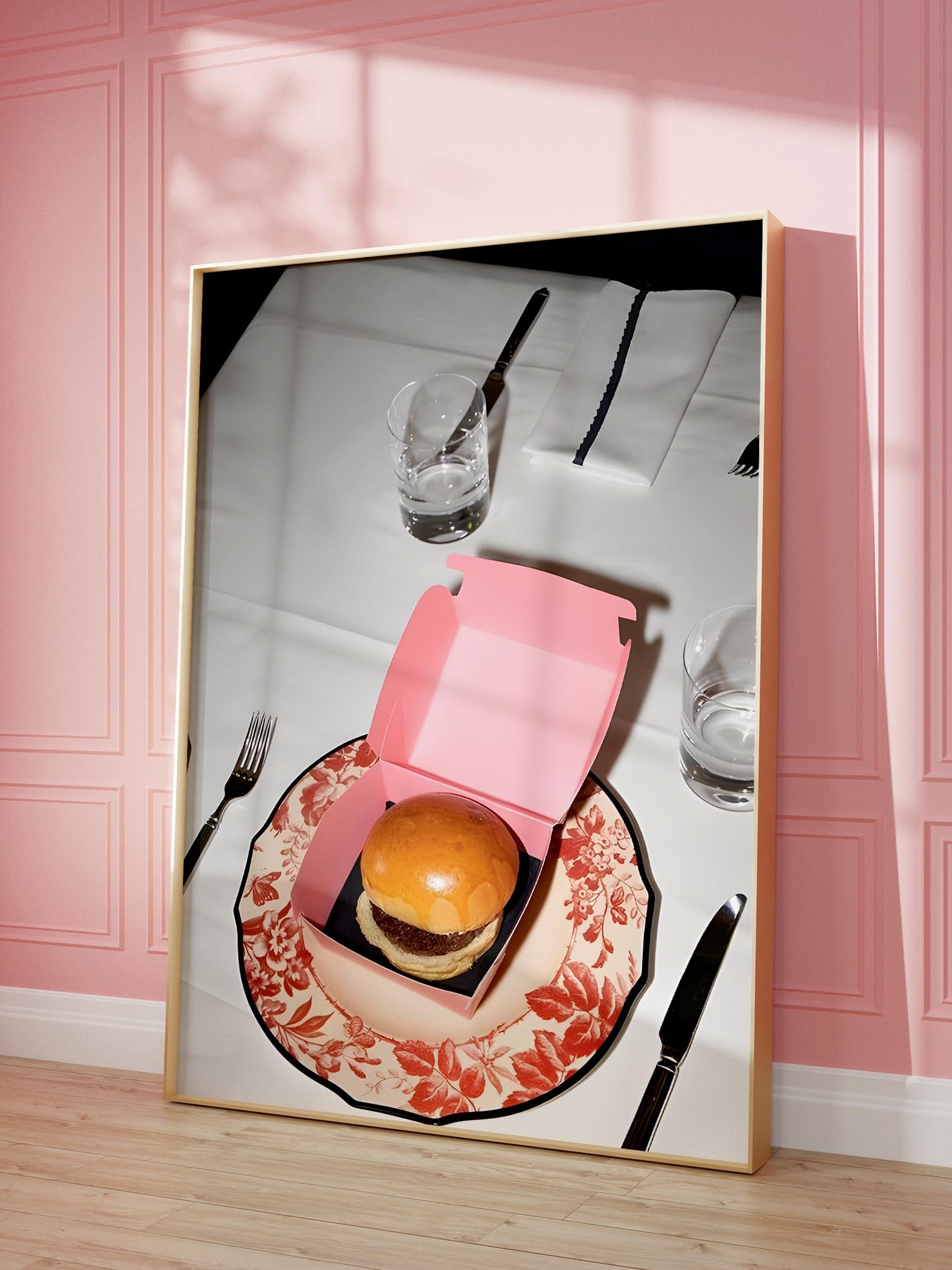 Gourmet Cheeseburger Art Print, Retro Fast Food Pink Burger Wall Poster ...
