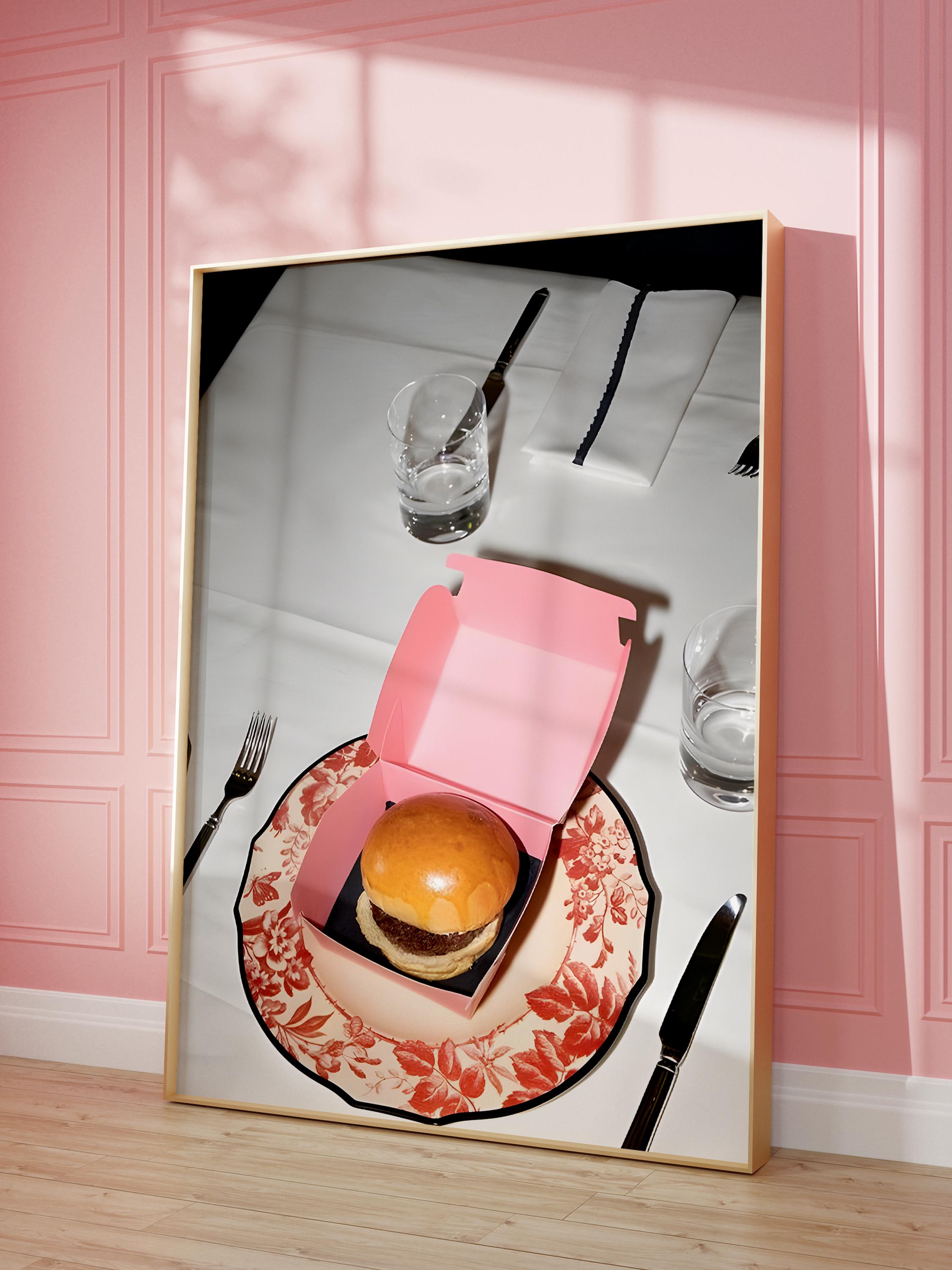 Gourmet Cheeseburger Art Print, Retro Fast Food Pink Burger Wall Poster ...