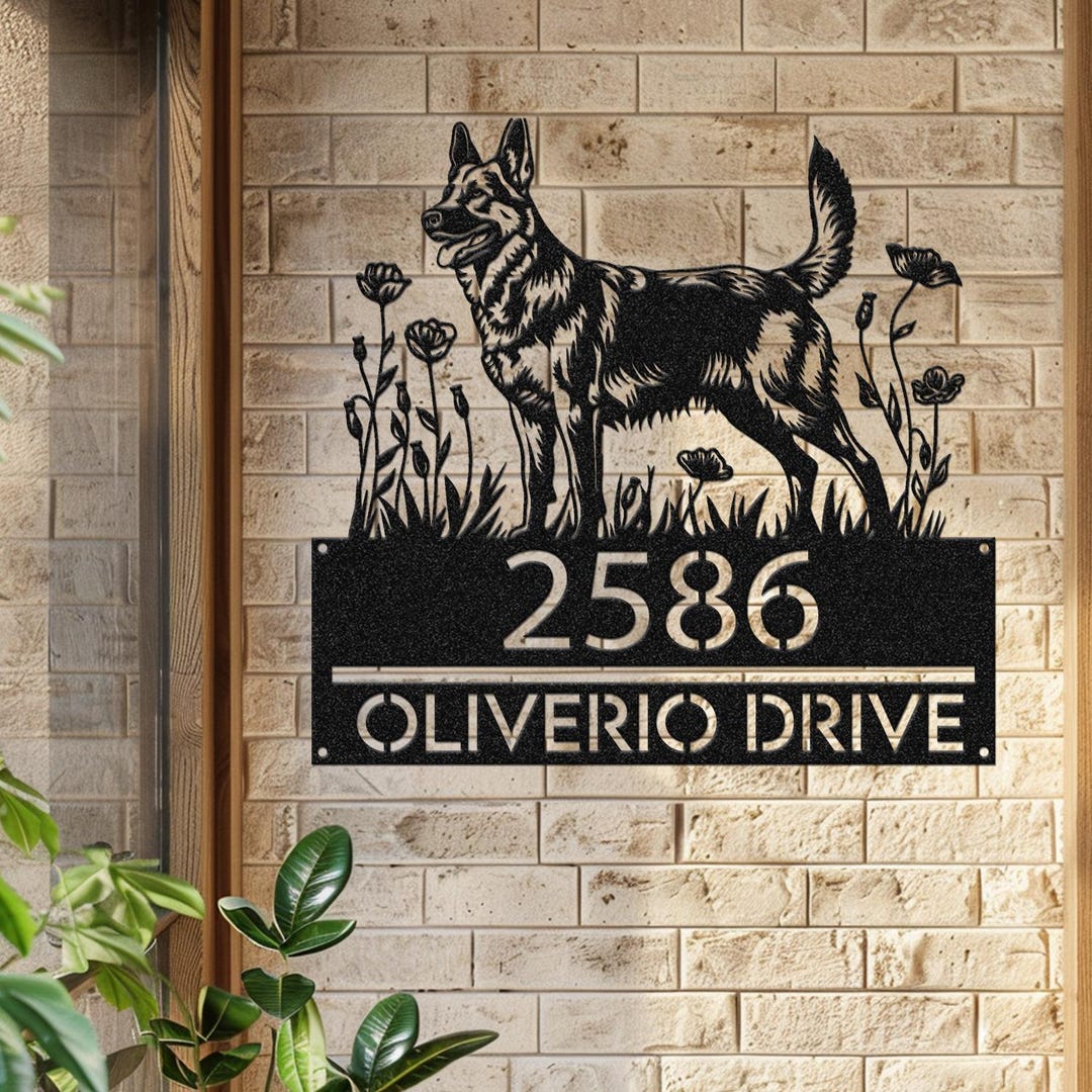 Personalized Dog Address Sign, Custom German Shepherd With Poppy ...