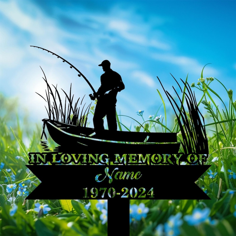 Personalized Fishing Memorial Garden Stakes, Fisherman Standing on Boat ...