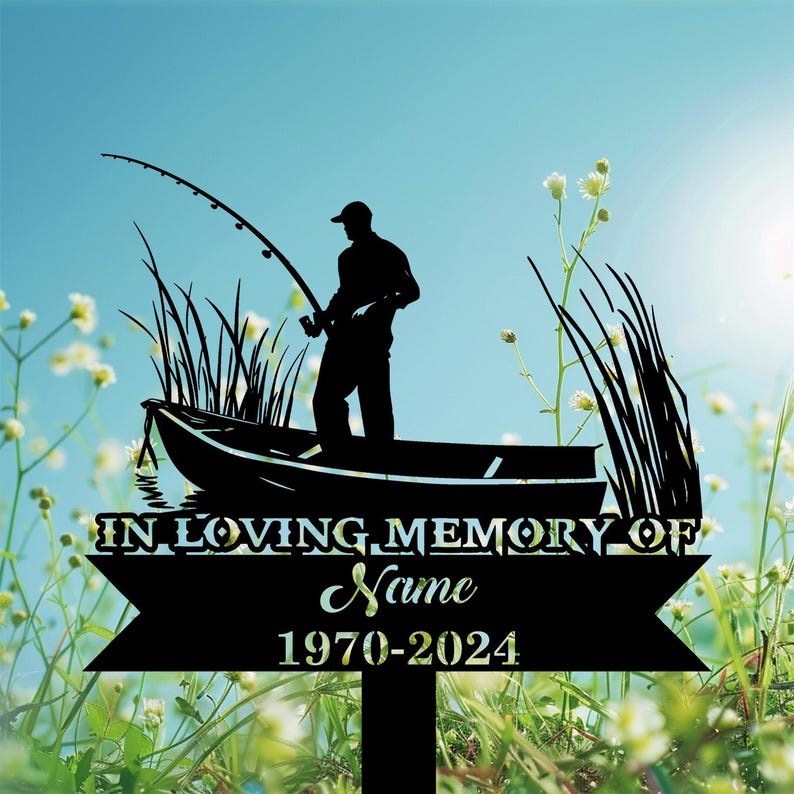 Personalized Fishing Memorial Garden Stakes, Fisherman Standing on Boat ...