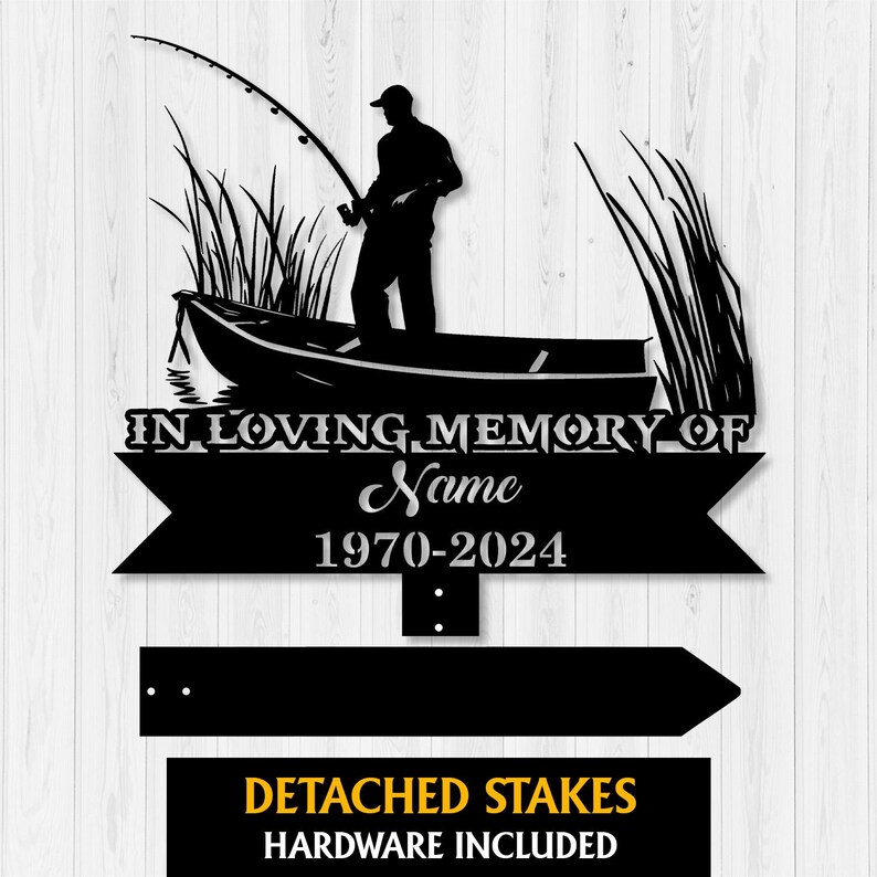 Personalized Fishing Memorial Garden Stakes, Fisherman Standing on Boat ...