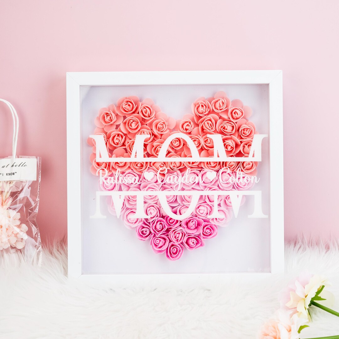 Personalized Flower Shadow Box, Custom Name & Text Heart Rose Frame ...