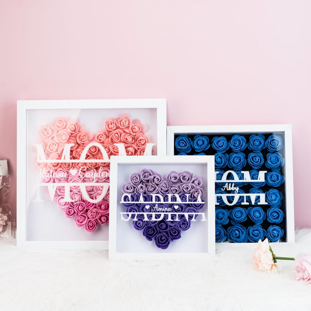 Custom Roses Shadow Box With Names, Personalized Flower Shadow Box ...