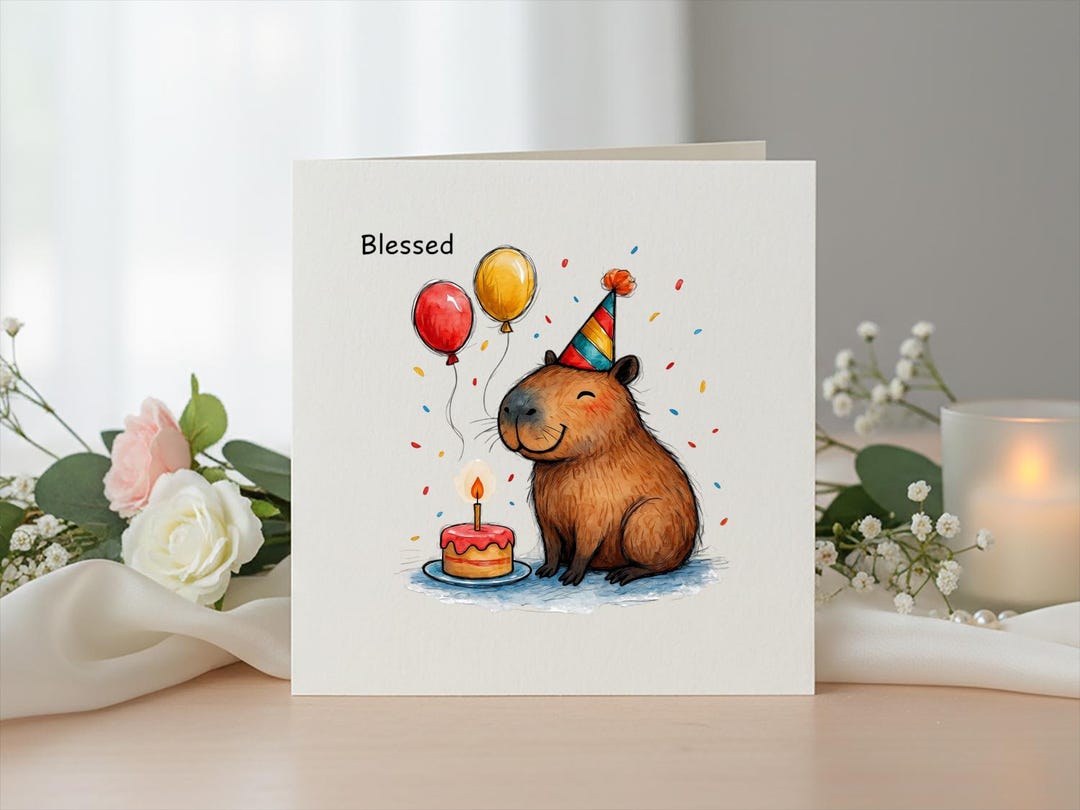 Capybara Birthday Card Watercolor Party Hat Cake Balloons Blessed Cute ...
