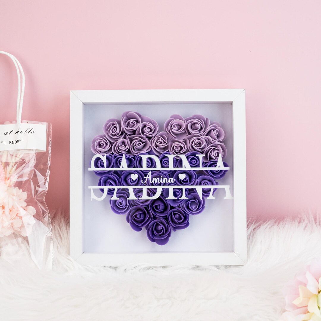 Personalized Mom Flower Shadow Box, Custom Name Heart of Love Shadow ...