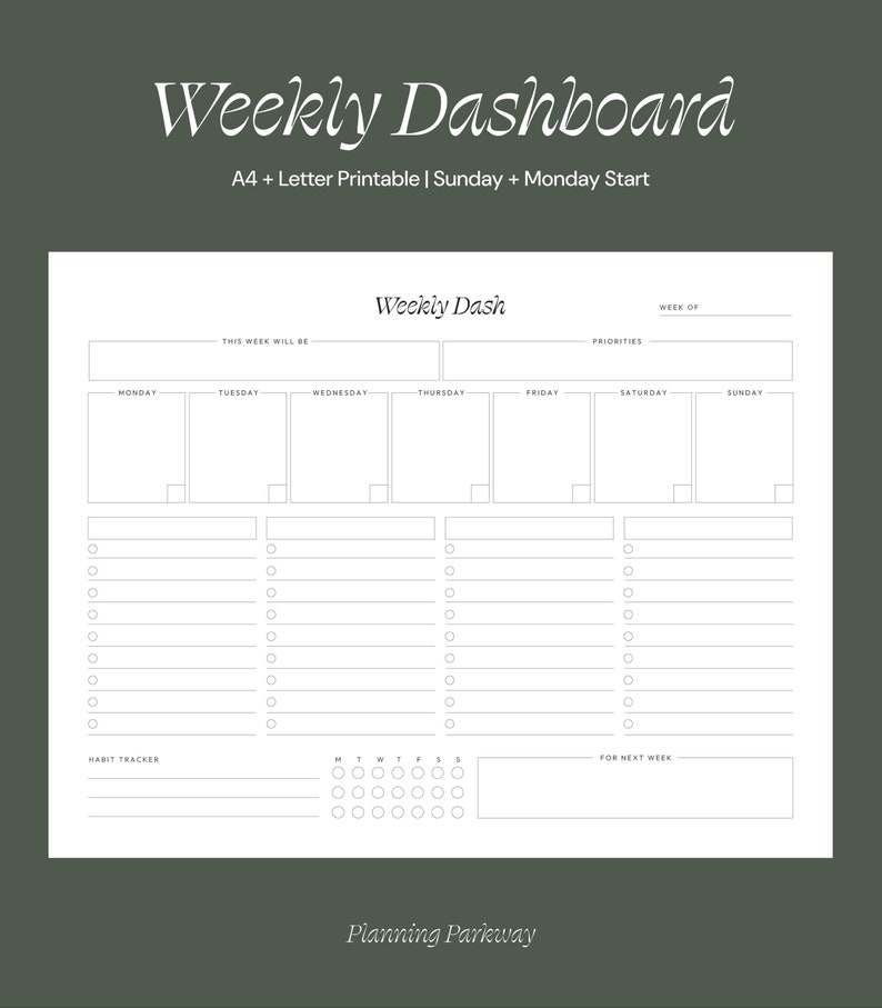 Weekly Dashboard Printable Planner A4 Letter Sunday Monday Start - Etsy