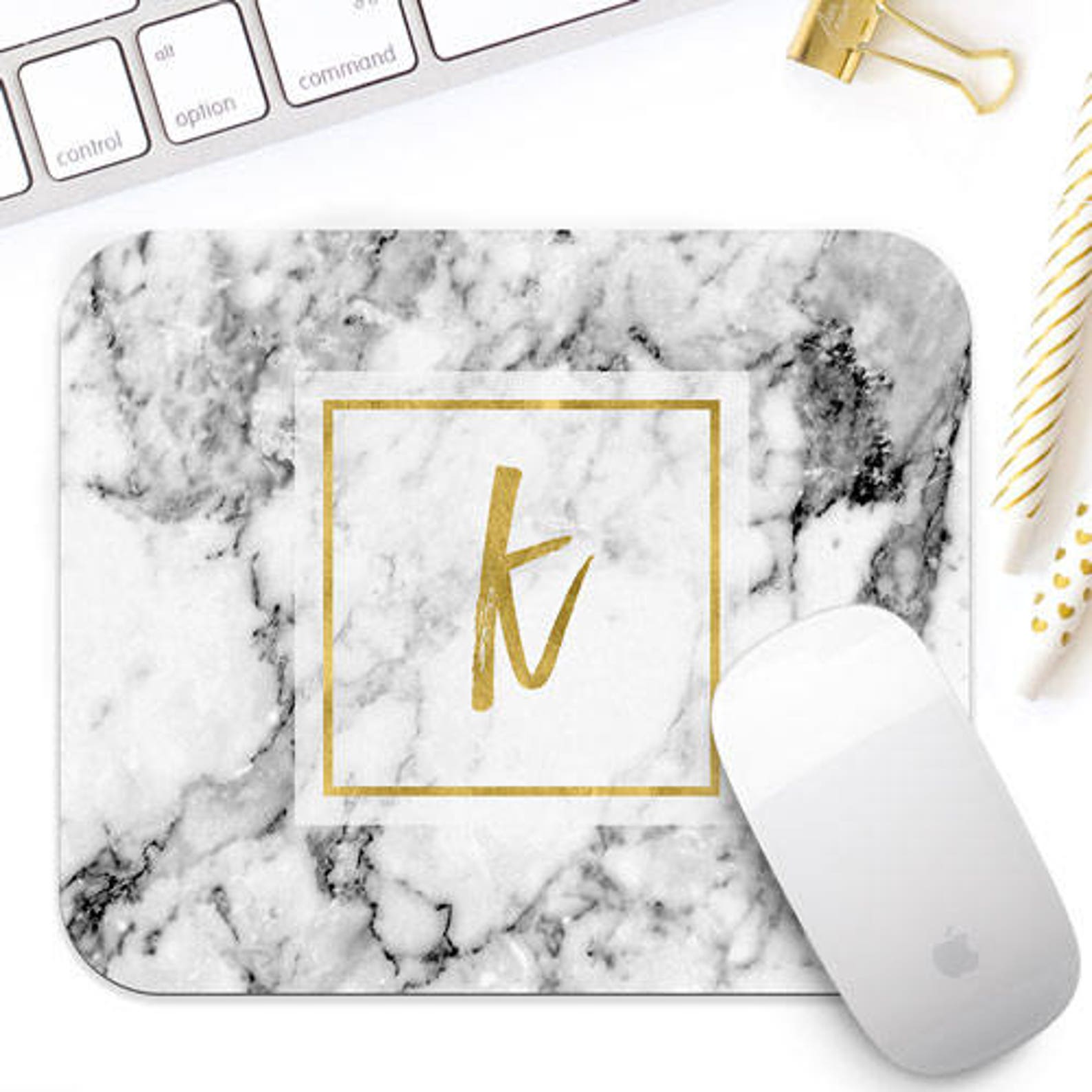 Marble Gold Monogram Mouse Pad for Her, White Marble Mouse Pad, Gold ...