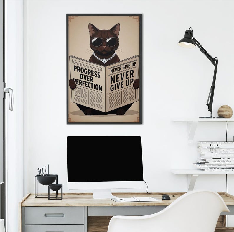 Cat Reading Motivational Poster, Progress Over Perfection Wall Art ...