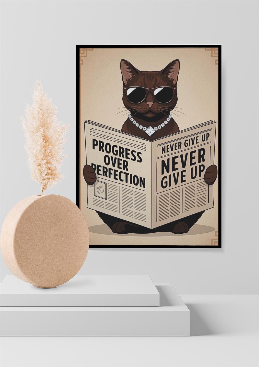 Cat Reading Motivational Poster, Progress Over Perfection Wall Art ...