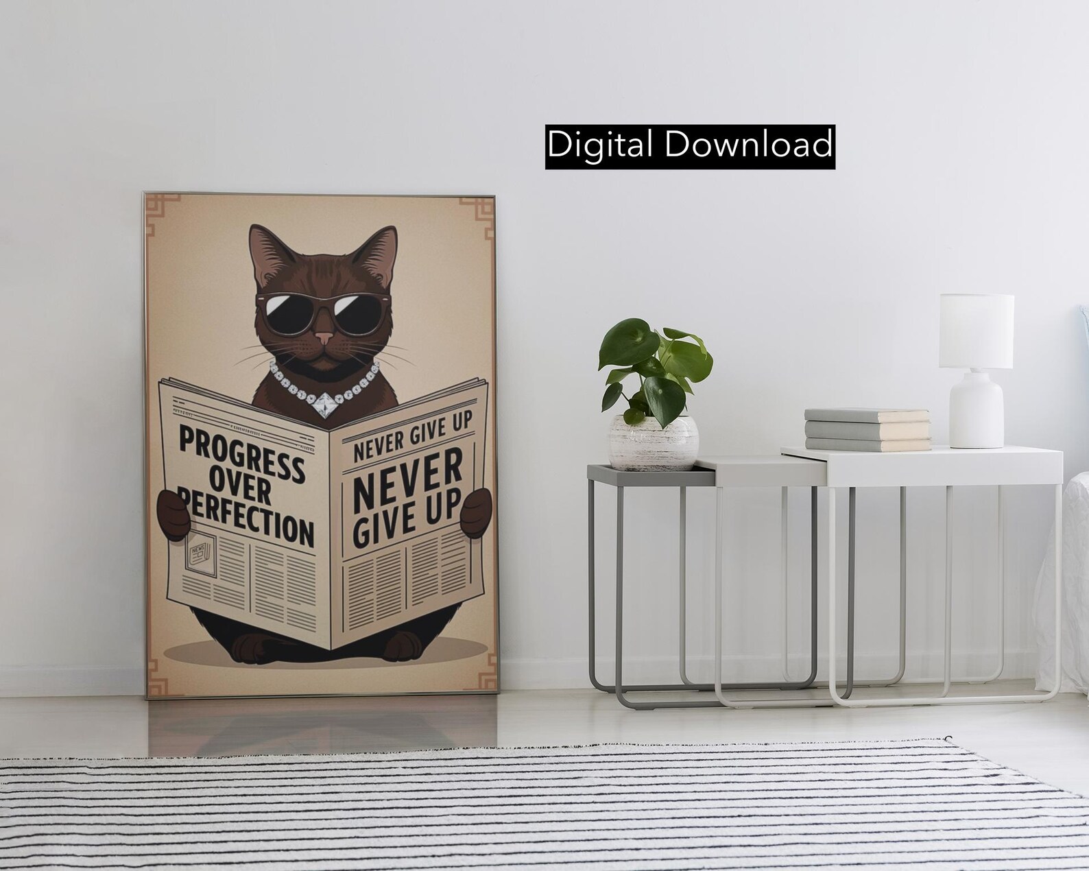 Cat Reading Motivational Poster, Progress Over Perfection Wall Art ...