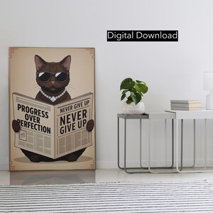 Cat Reading Motivational Poster, Progress Over Perfection Wall Art ...