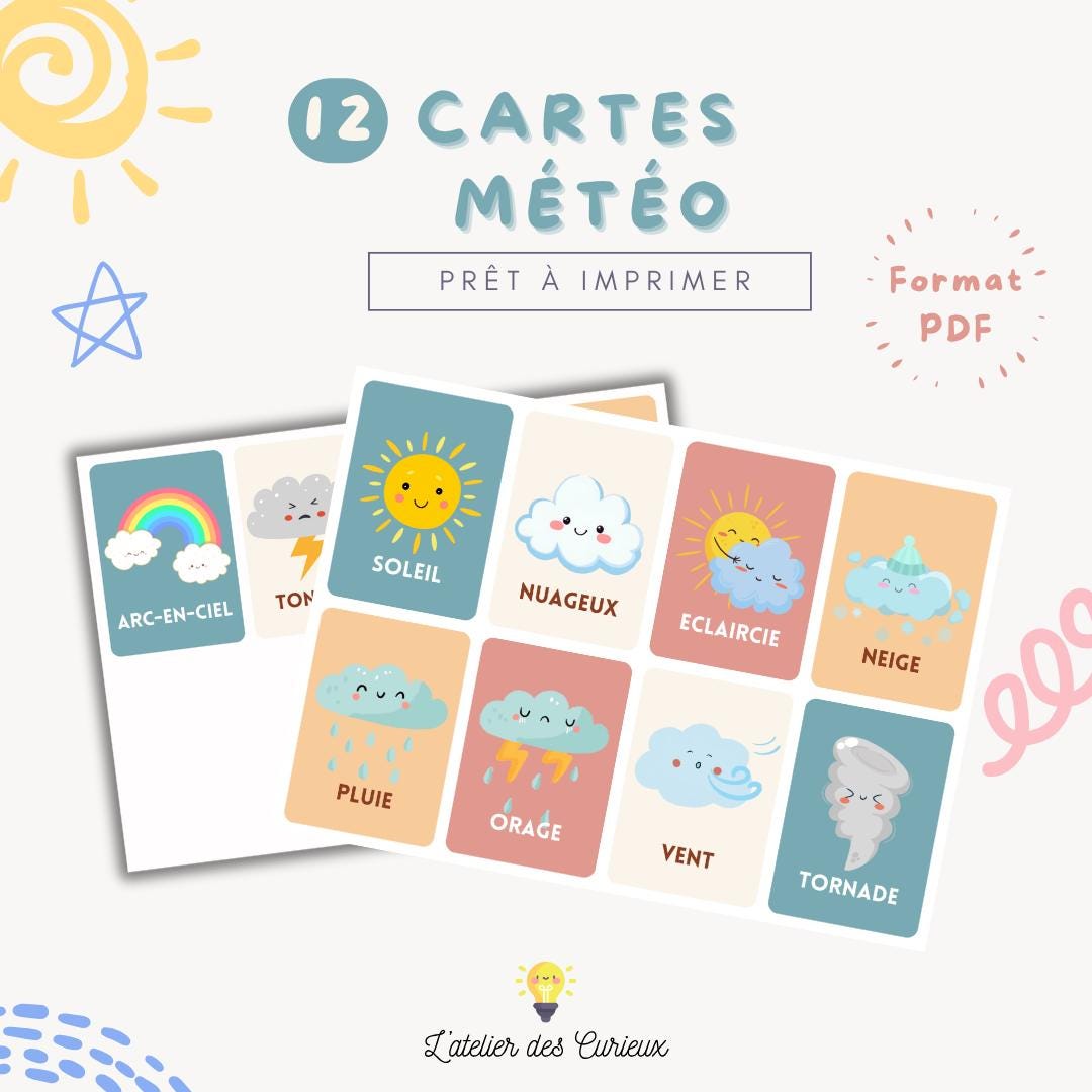 Weather Cards 12 Types of Weather in Frencheducational Flashcard ...