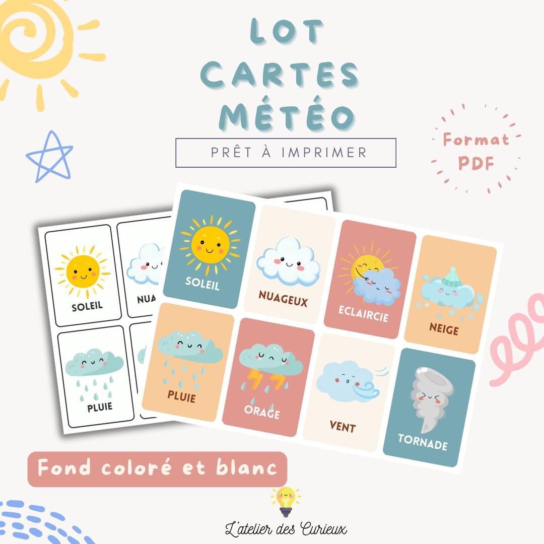 LOT Weather Cards 12 Types of Weather in French Educational Flashcard ...