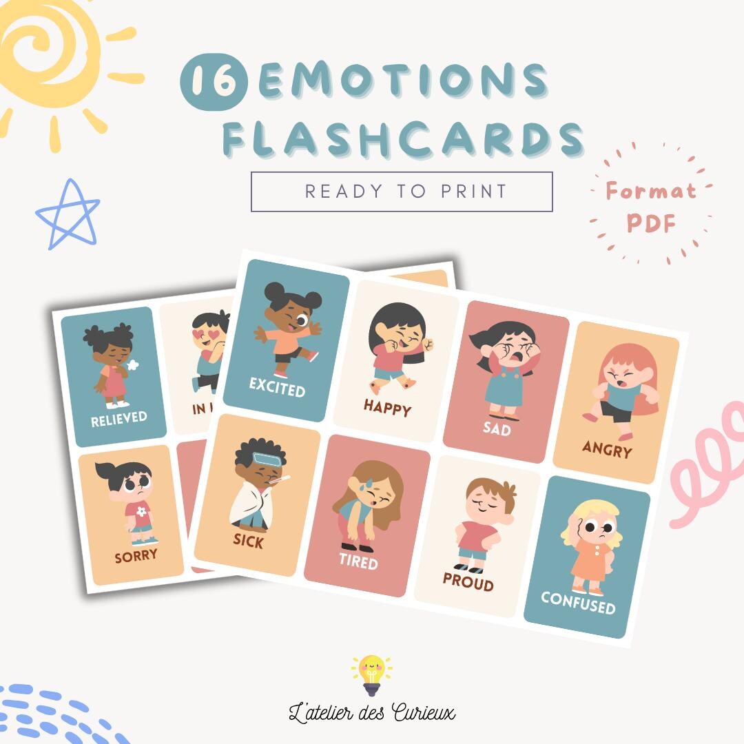 Emotions Cards 16 Emotions in English Educational Flashcard Printable ...