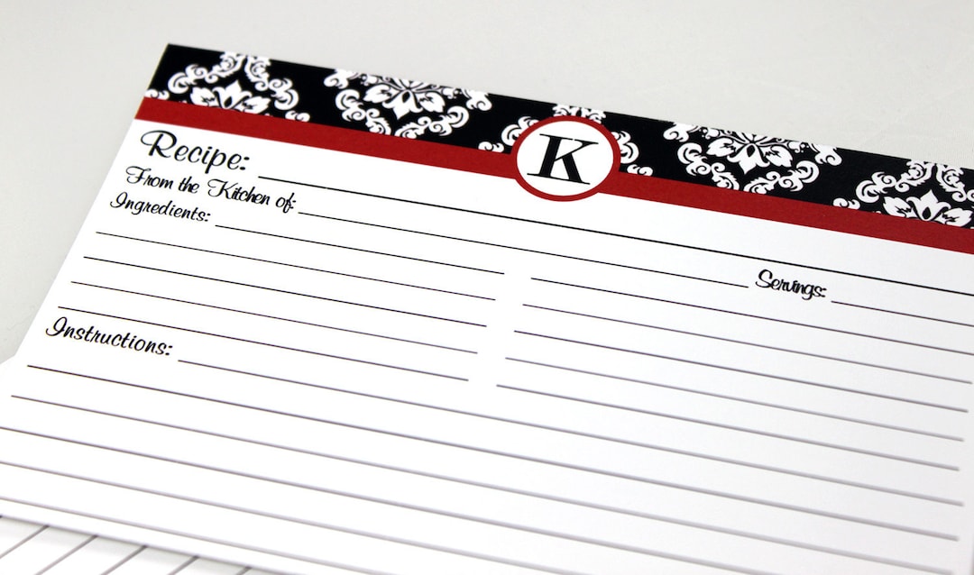 10 Recipe Cards Personalized Black Damask With Red Trim 4x6 (3x5 by ...