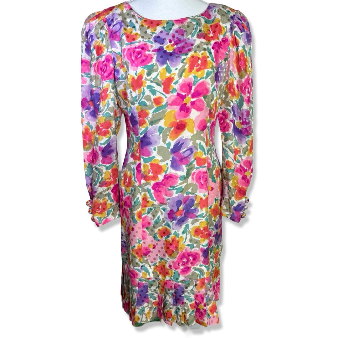 VINTAGE Maggy London Silk Vibrant Floral Puff Sleeve Cocktail Dress - Etsy