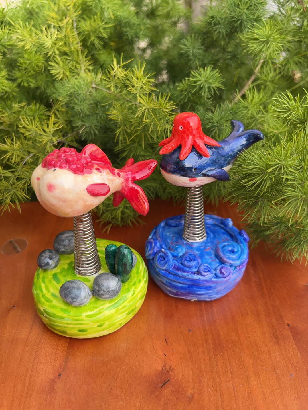 Lucky Koi & Octopus Wobble Figurines – Handmade Clay Dashboard Decor ...