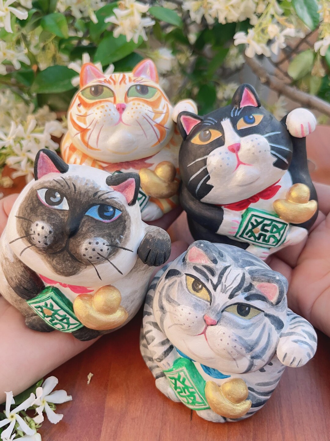 Handmade Maneki Neko Lucky Cat Figurine Set of 4 – Japanese 招き猫 With ...