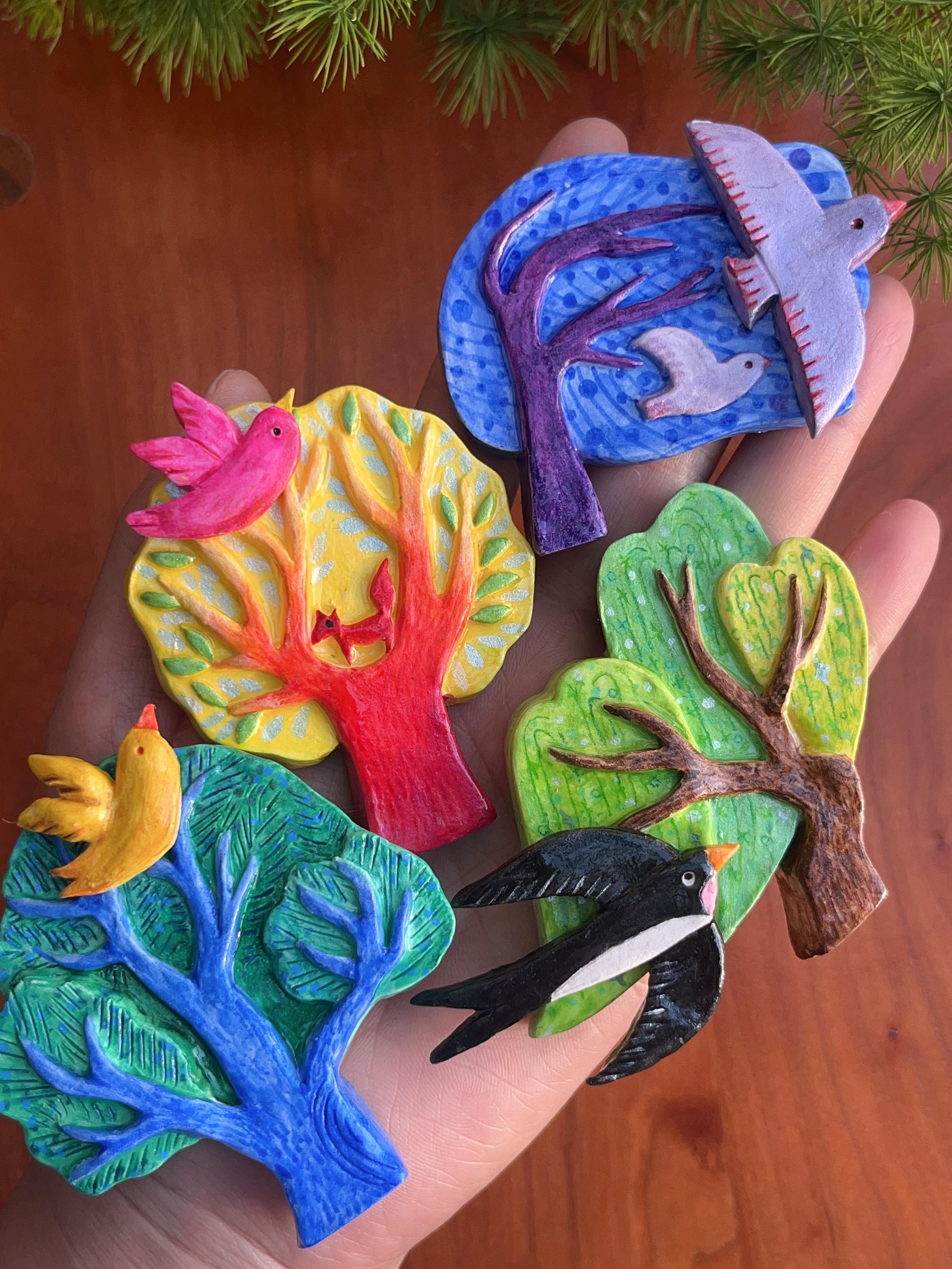 Handmade Spring Tree & Bird Magnet Set: Colorful Clay Fridge Decor - Etsy