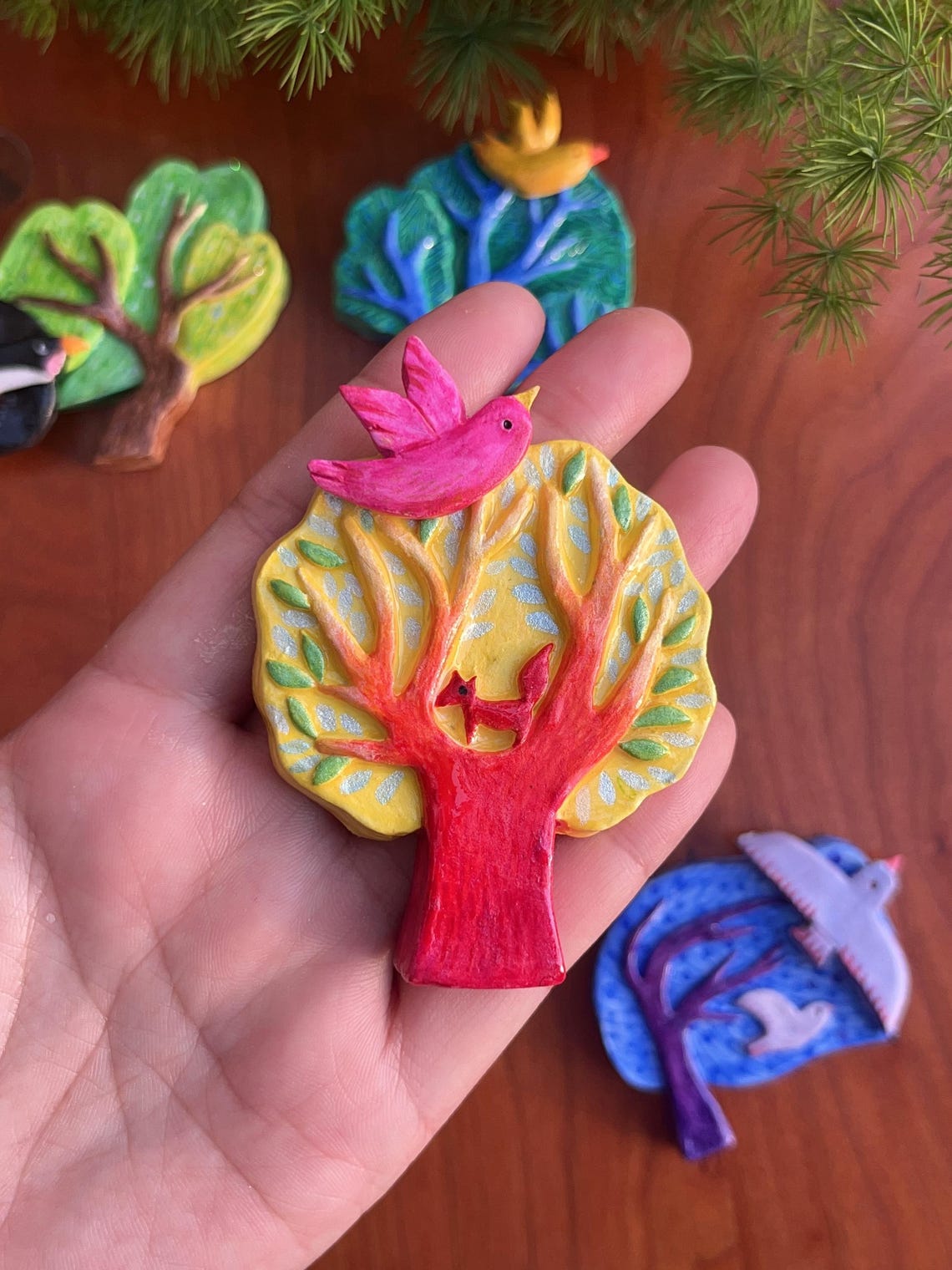 Handmade Spring Tree & Bird Magnet Set: Colorful Clay Fridge Decor - Etsy