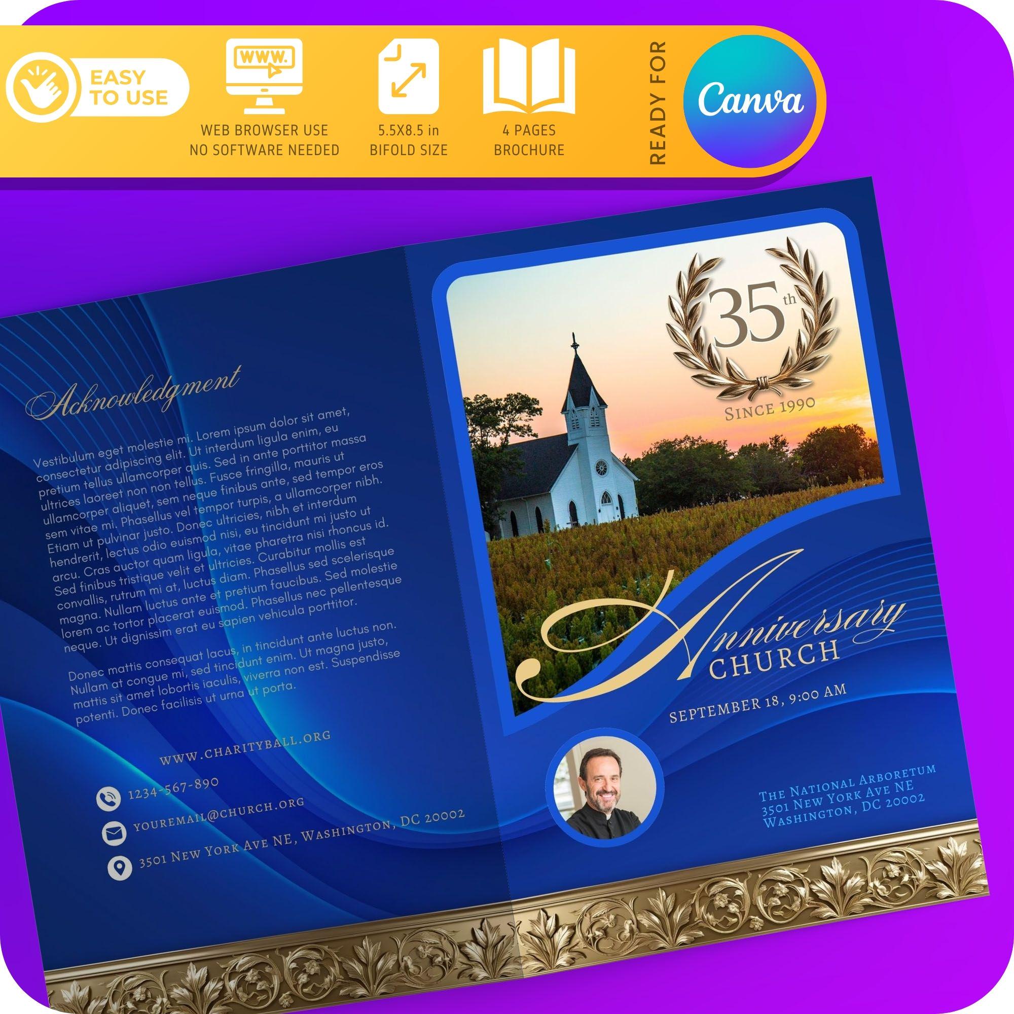 DIY Church Anniversary Program Template, Blue Gold Ornament, Pdf ...