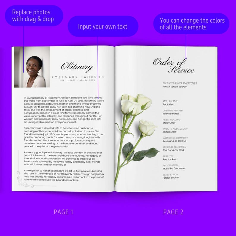 ROSA Theme | Funeral Program Template, Canva, White Grey, Women's Obituary, Celebration of Life ...