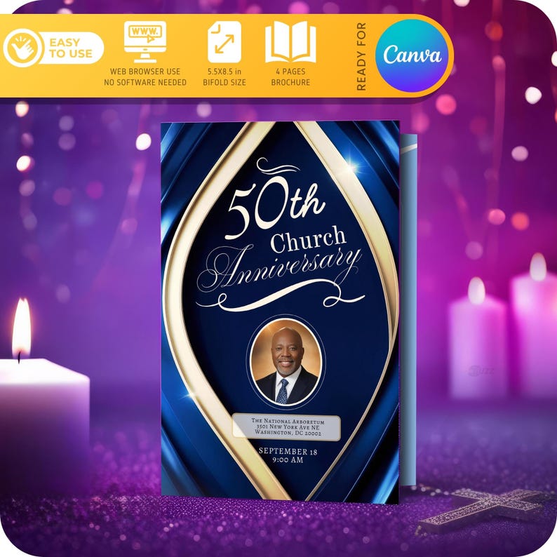 Church Anniversary Program Template, Luxury Blue Gold, Pdf Instant ...